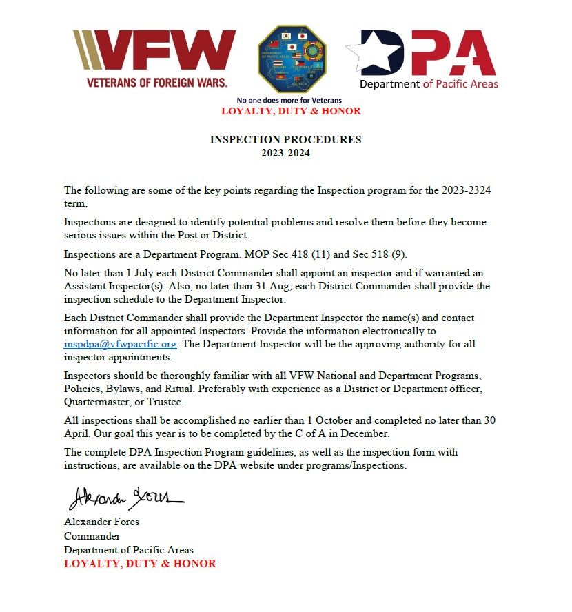 Inspections - VFW Department Pacific Areas